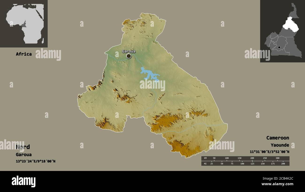 Shape of Nord, region of Cameroon, and its capital. Distance scale ...