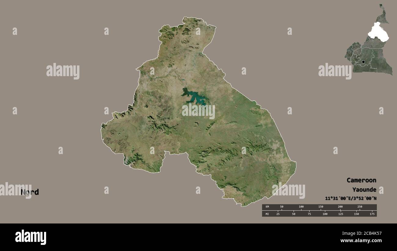 Shape of Nord, region of Cameroon, with its capital isolated on solid ...