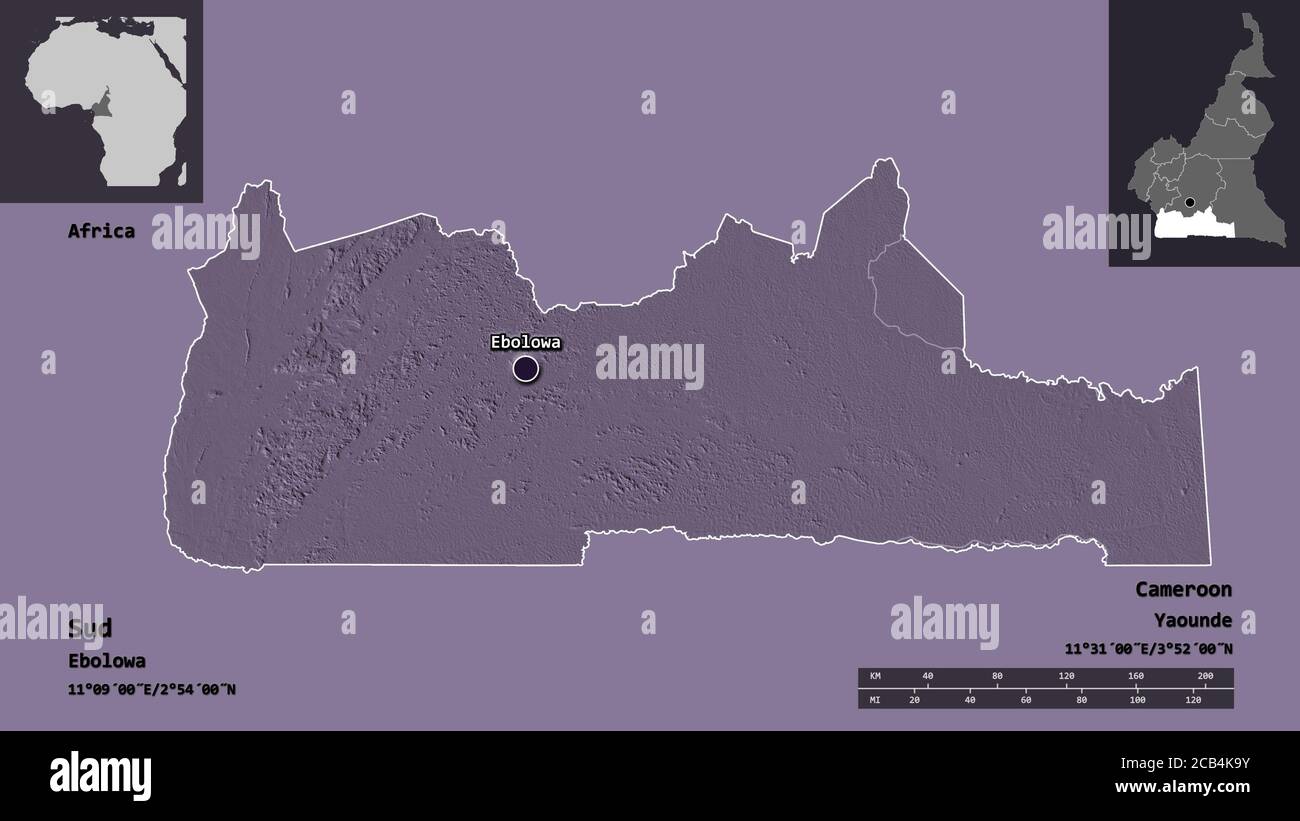 Shape of Sud, region of Cameroon, and its capital. Distance scale ...
