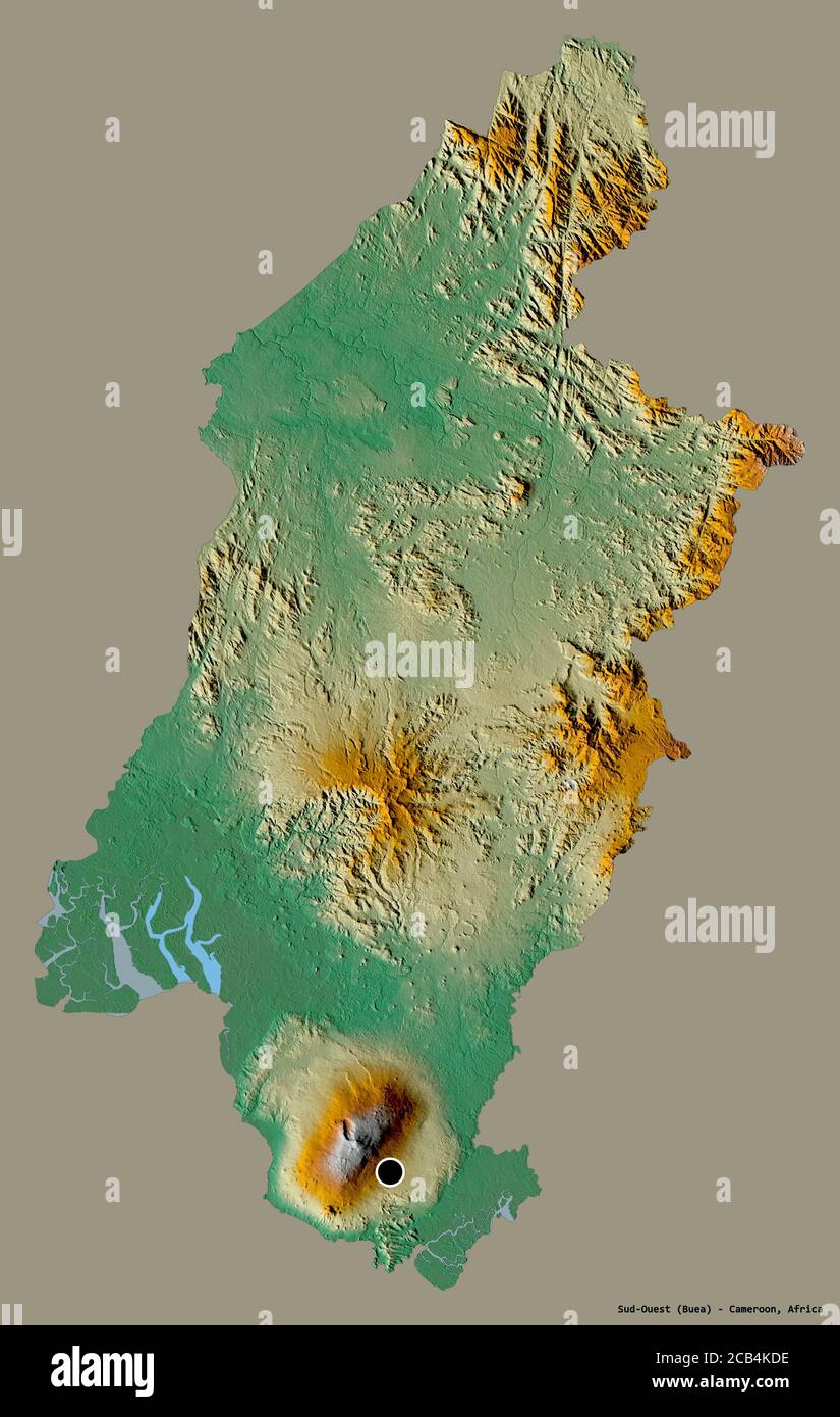 Shape of Sud-Ouest, region of Cameroon, with its capital isolated on a ...