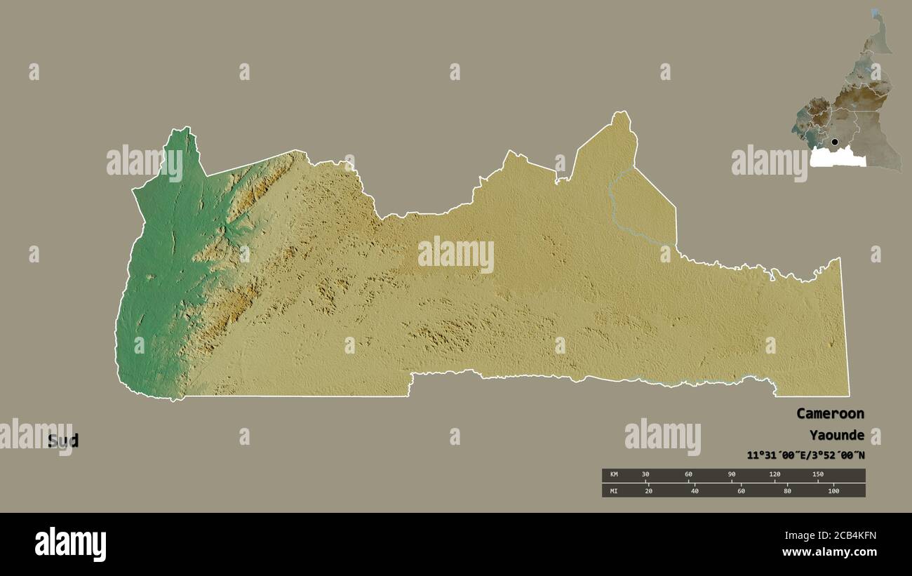 Shape of Sud, region of Cameroon, with its capital isolated on solid ...