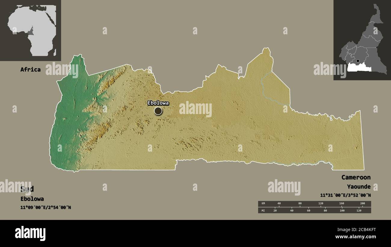 Shape of Sud, region of Cameroon, and its capital. Distance scale ...