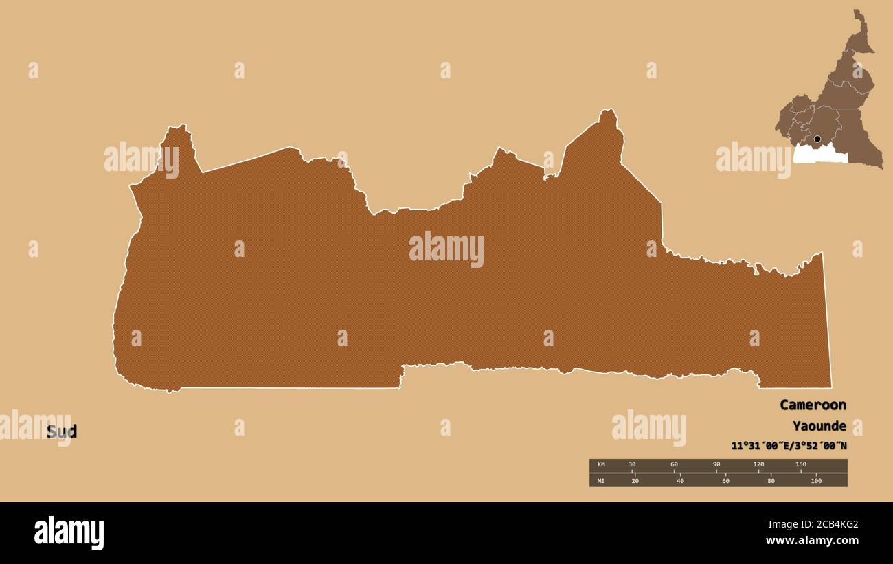 Shape of Sud, region of Cameroon, with its capital isolated on solid ...