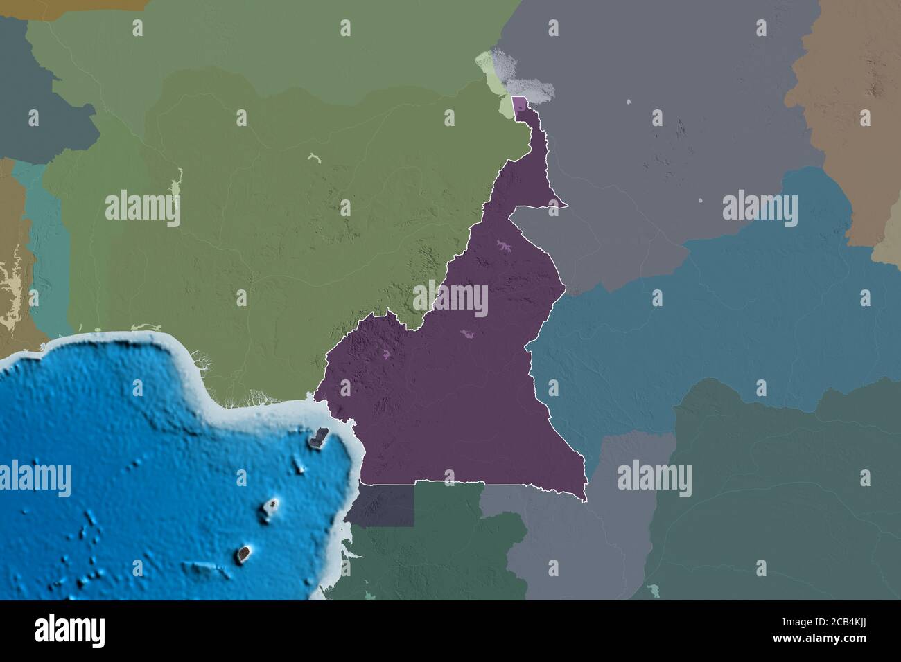 Extended area of outlined Cameroon. Colored elevation map. 3D rendering ...