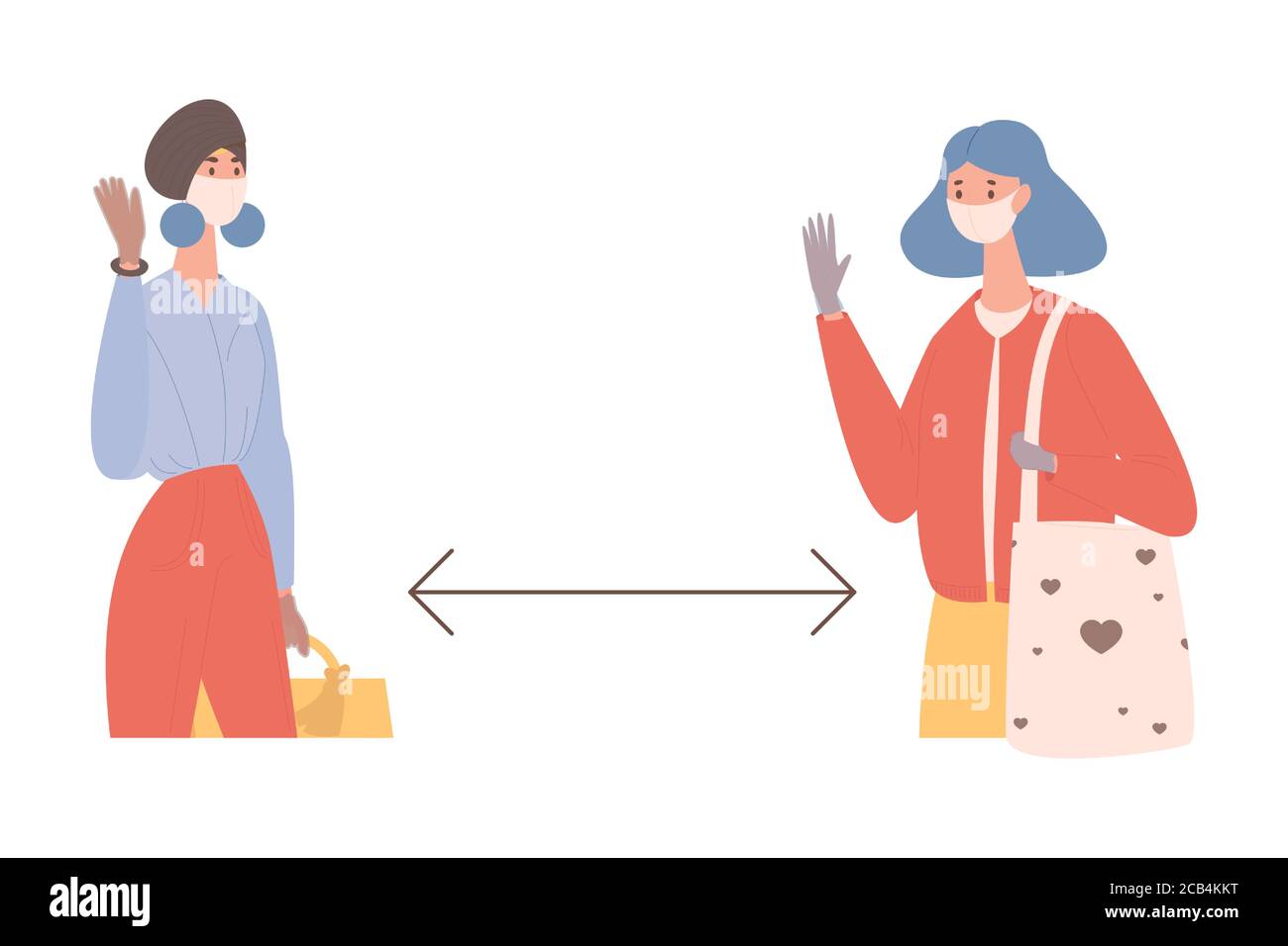 Two women characters wearing medical masks and maintain social ...