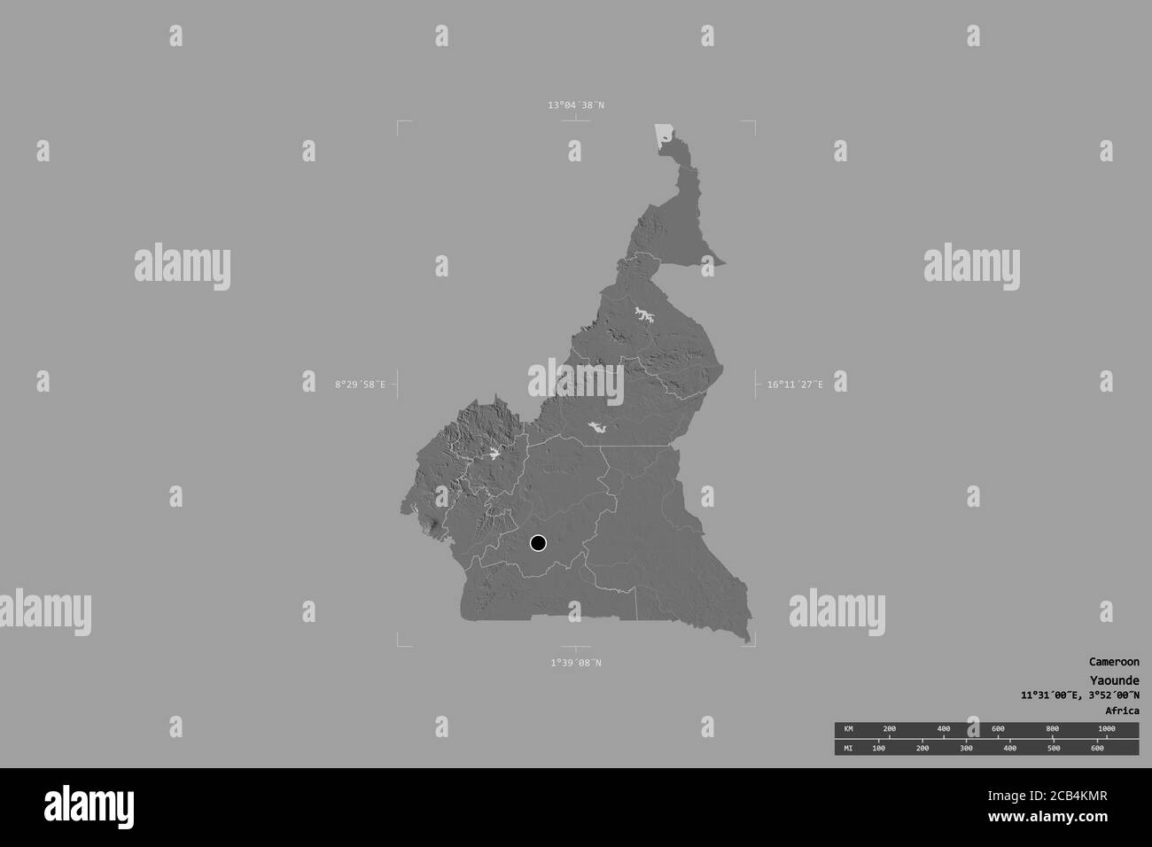 Area of Cameroon isolated on a solid background in a georeferenced ...