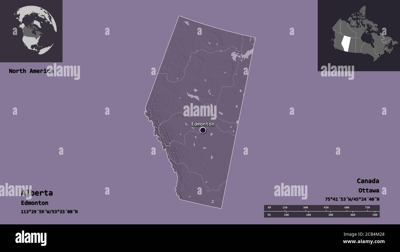 Shape of Alberta, province of Canada, and its capital. Distance scale ...