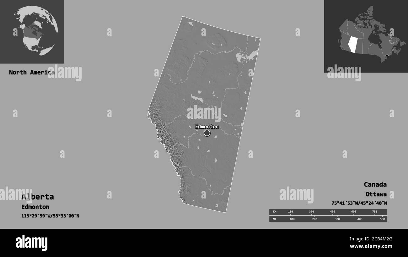 Shape of Alberta, province of Canada, and its capital. Distance scale ...