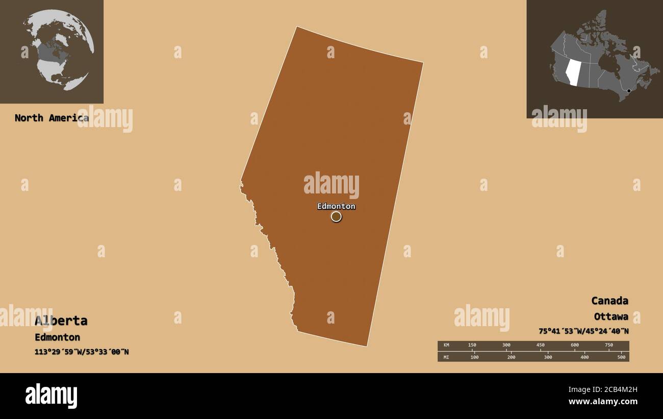 Shape of Alberta, province of Canada, and its capital. Distance scale ...
