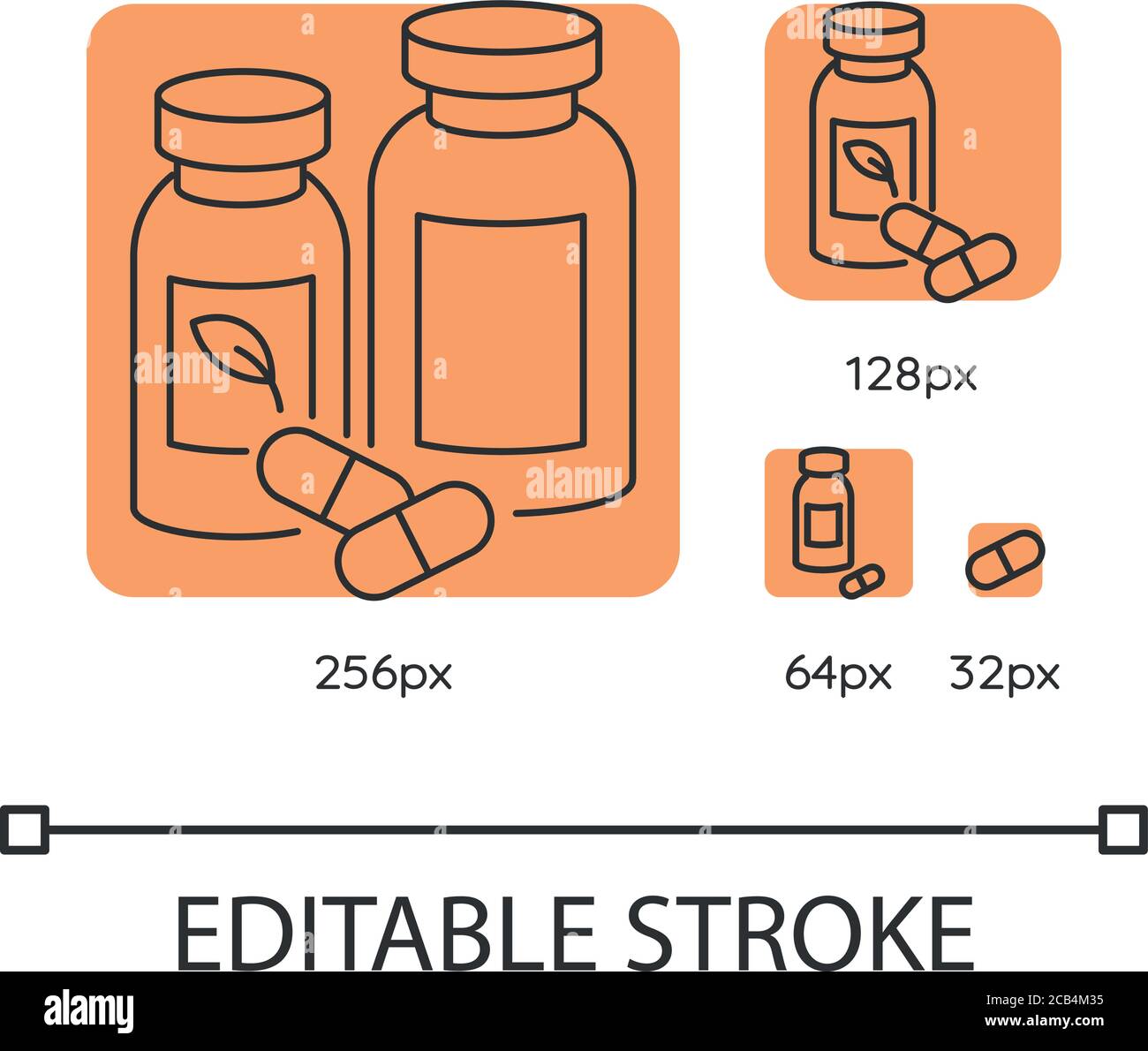 Pharmacy orange linear icons set. Pills in containers. Herbal drugs for ...