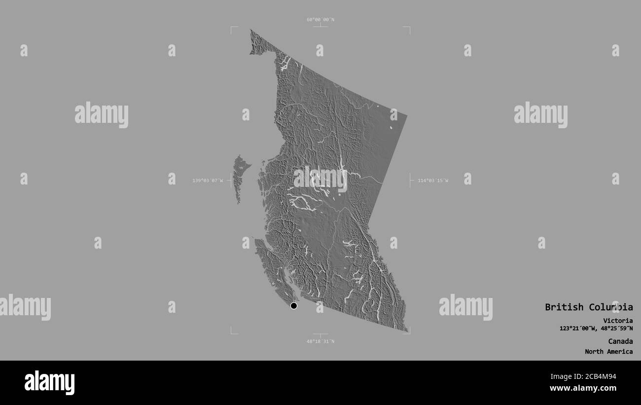 Area of British Columbia, province of Canada, isolated on a solid ...
