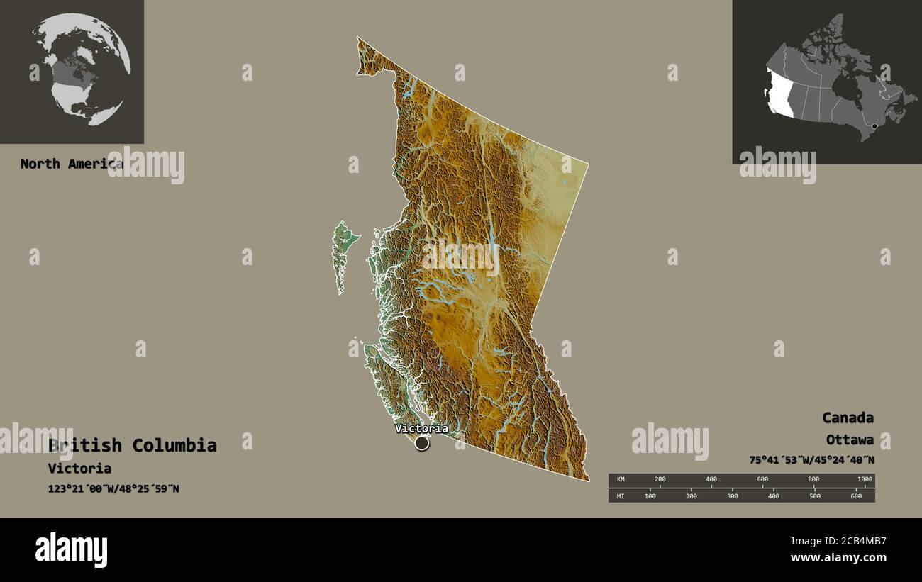 Shape of British Columbia, province of Canada, and its capital ...