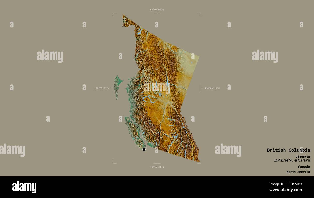 Area of British Columbia, province of Canada, isolated on a solid ...