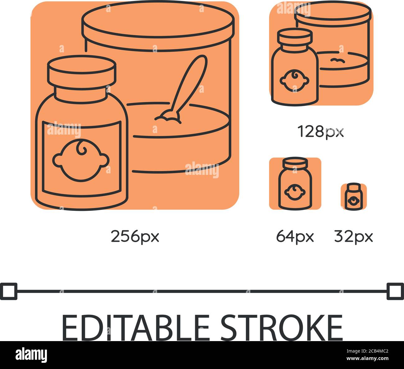 Baby food orange linear icons set. Instant formula for infants ...
