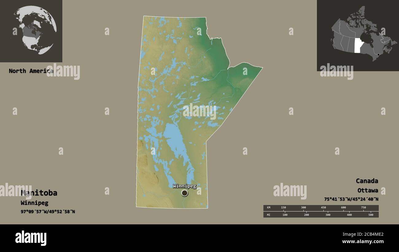 Shape of Manitoba, province of Canada, and its capital. Distance scale ...