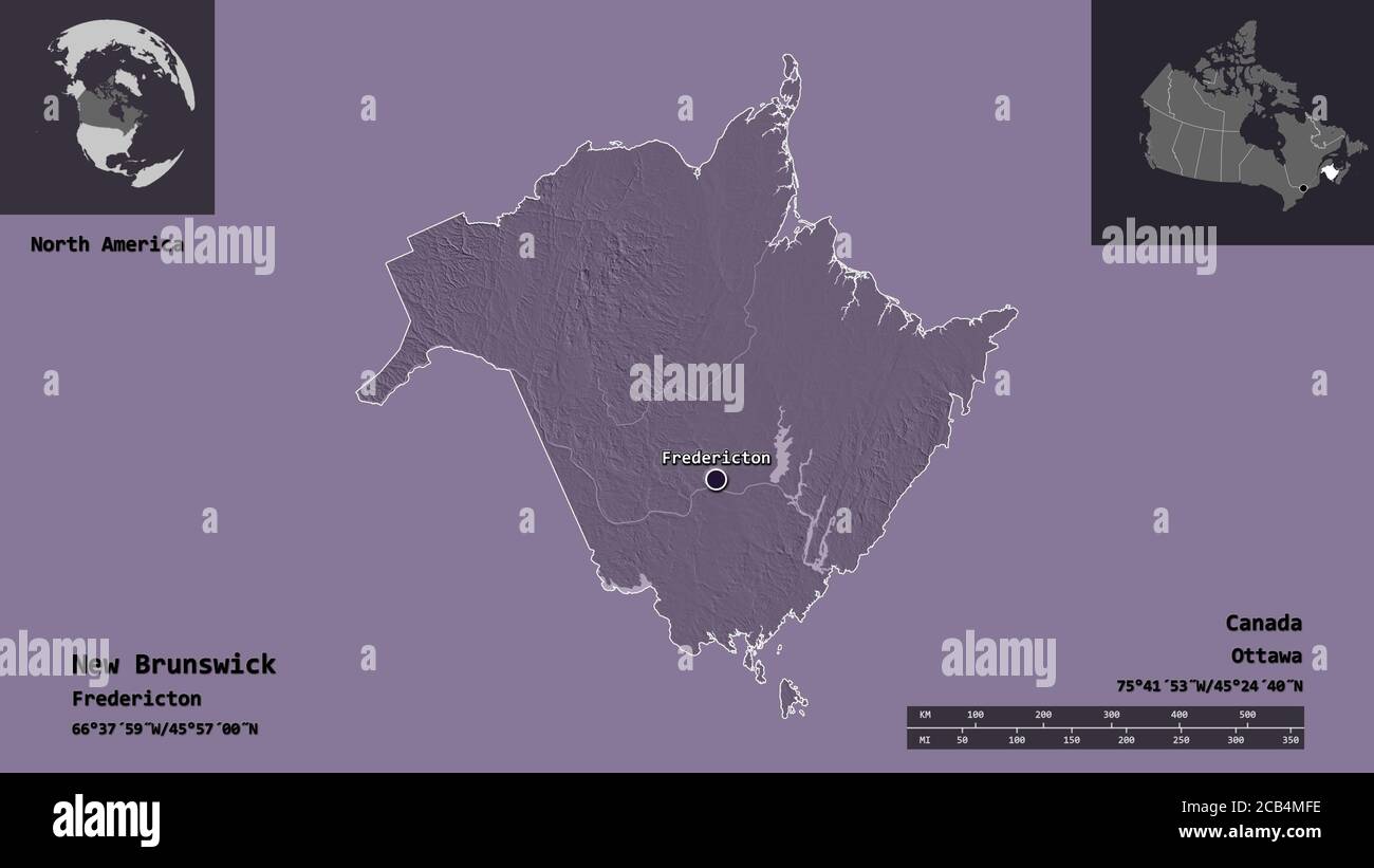Shape of New Brunswick, province of Canada, and its capital. Distance ...