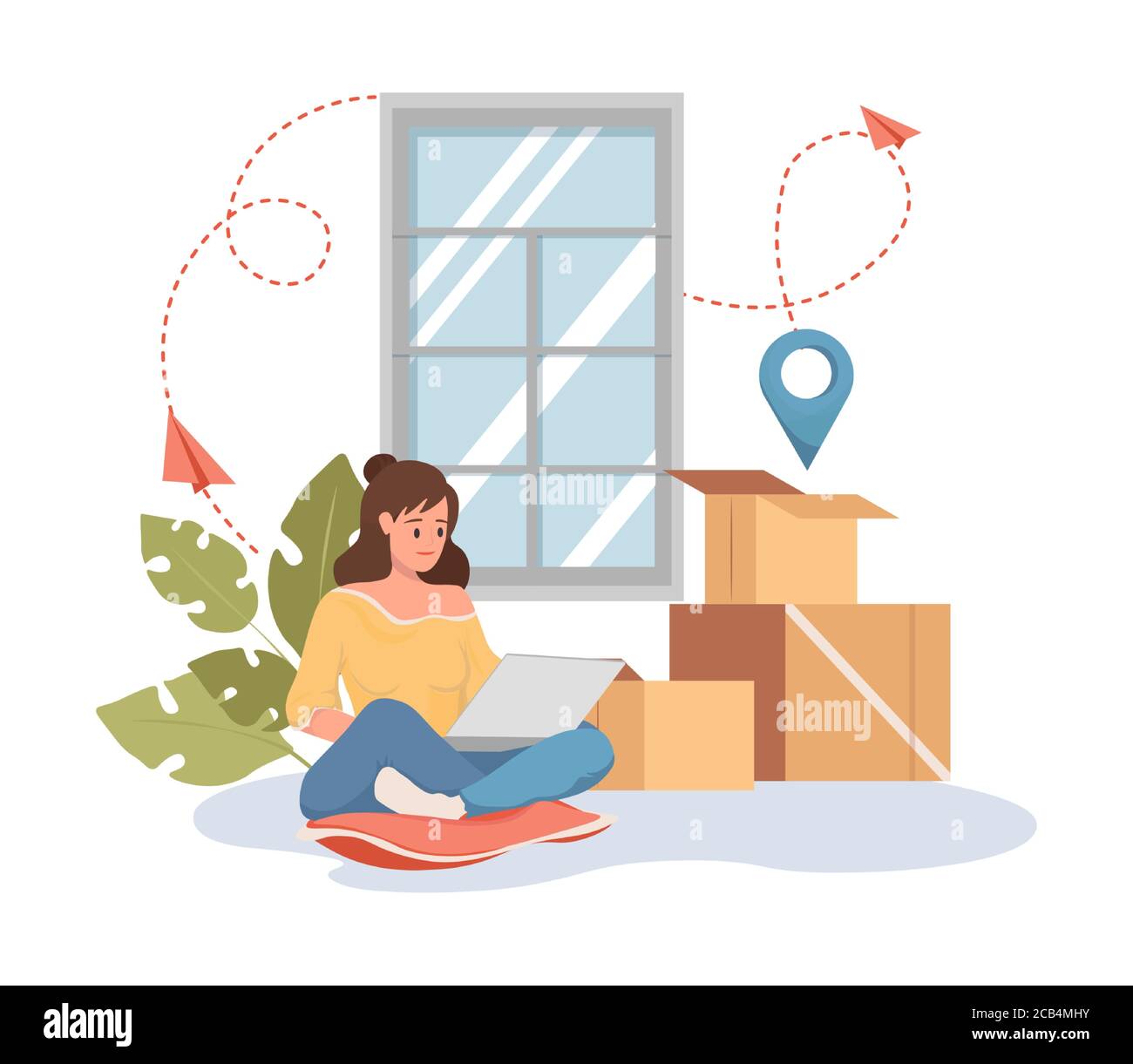 Young woman in comfortable clothes sitting on the floor and make an ...