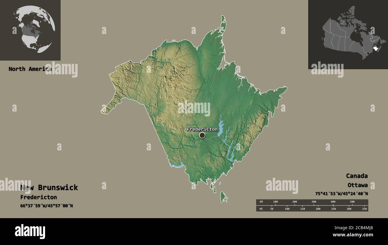 Shape of New Brunswick, province of Canada, and its capital. Distance ...