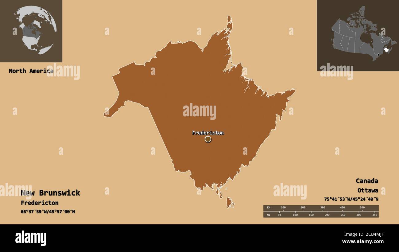 Shape of New Brunswick, province of Canada, and its capital. Distance ...
