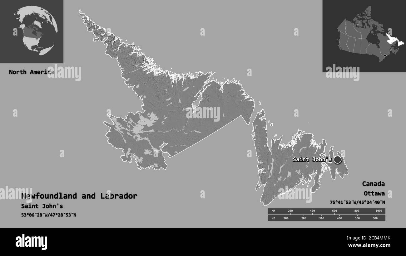Shape of Newfoundland and Labrador, province of Canada, and its capital ...