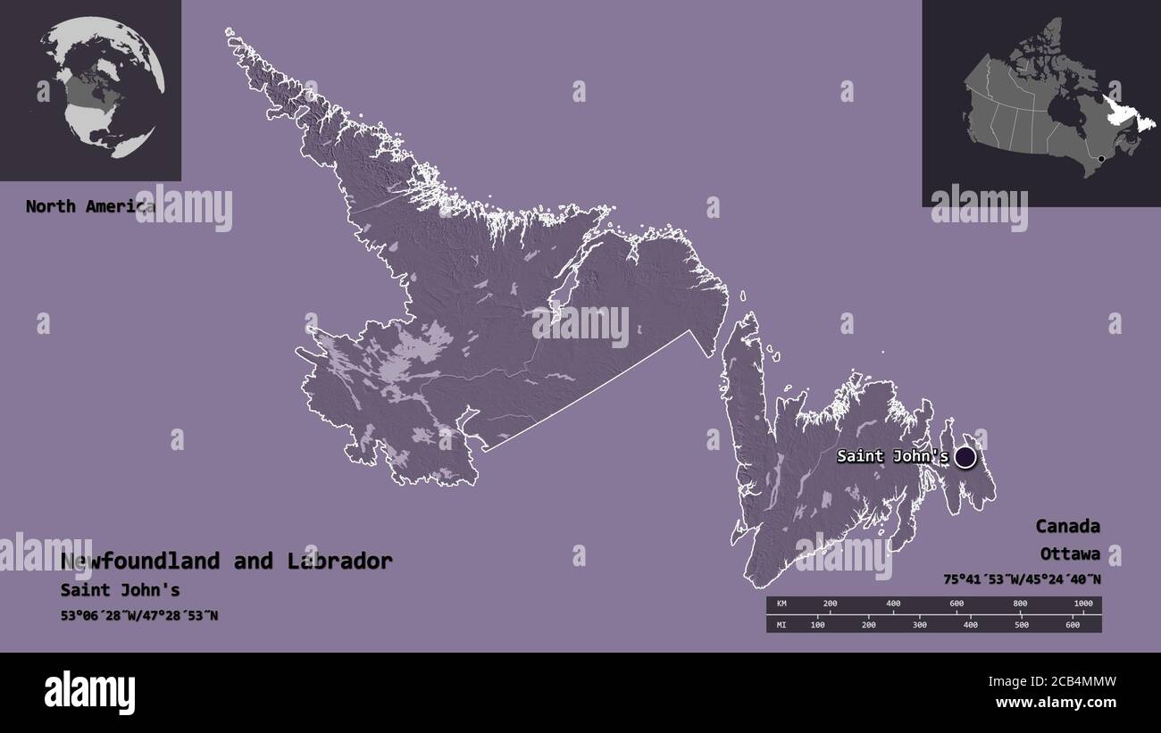 Shape of Newfoundland and Labrador, province of Canada, and its capital ...