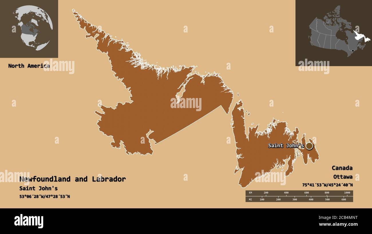 Shape of Newfoundland and Labrador, province of Canada, and its capital ...
