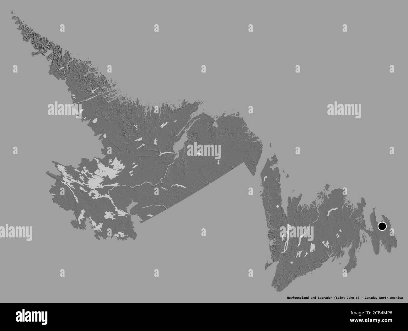 Shape of Newfoundland and Labrador, province of Canada, with its capital isolated on a solid ...