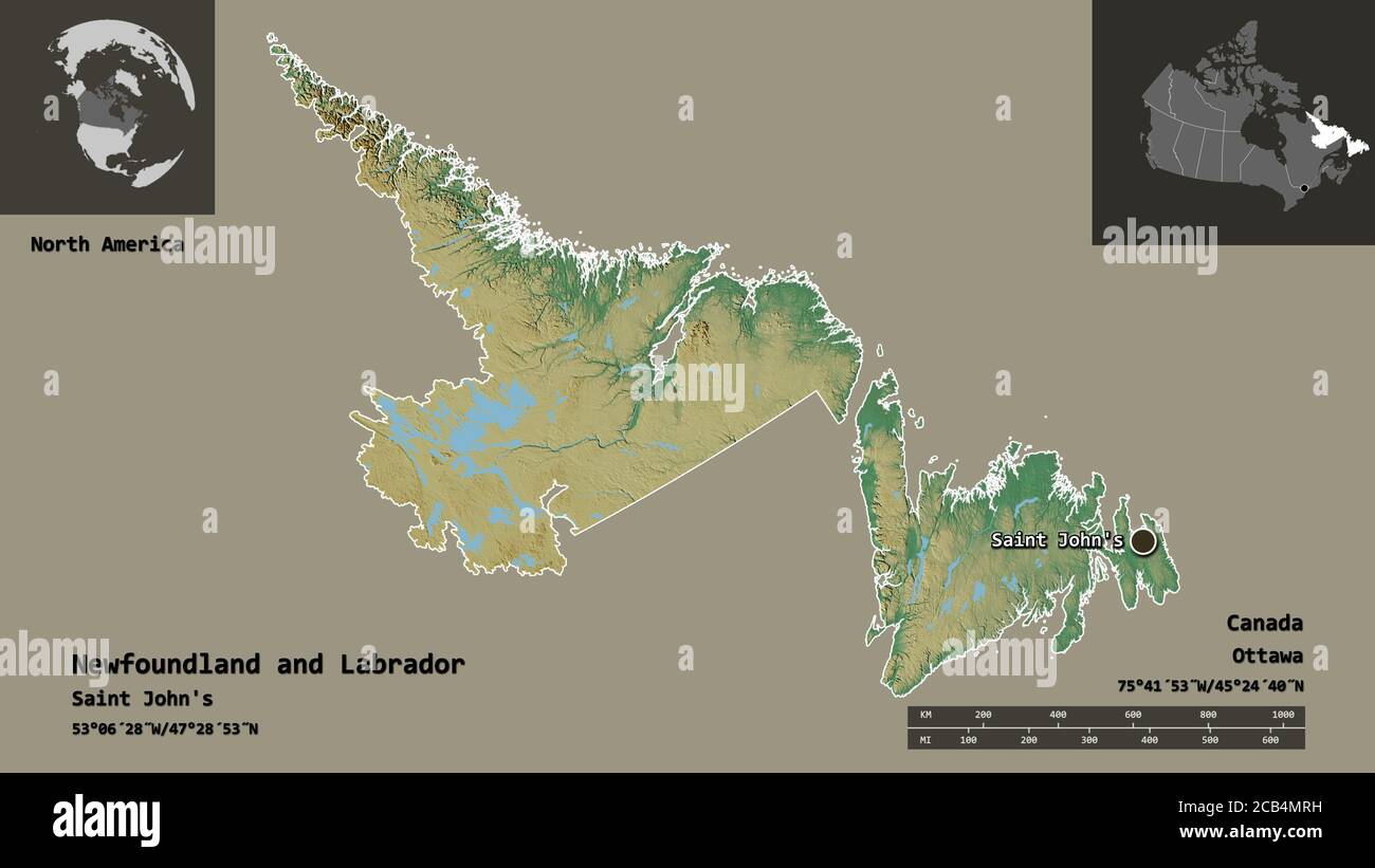 Shape of Newfoundland and Labrador, province of Canada, and its capital. Distance scale ...