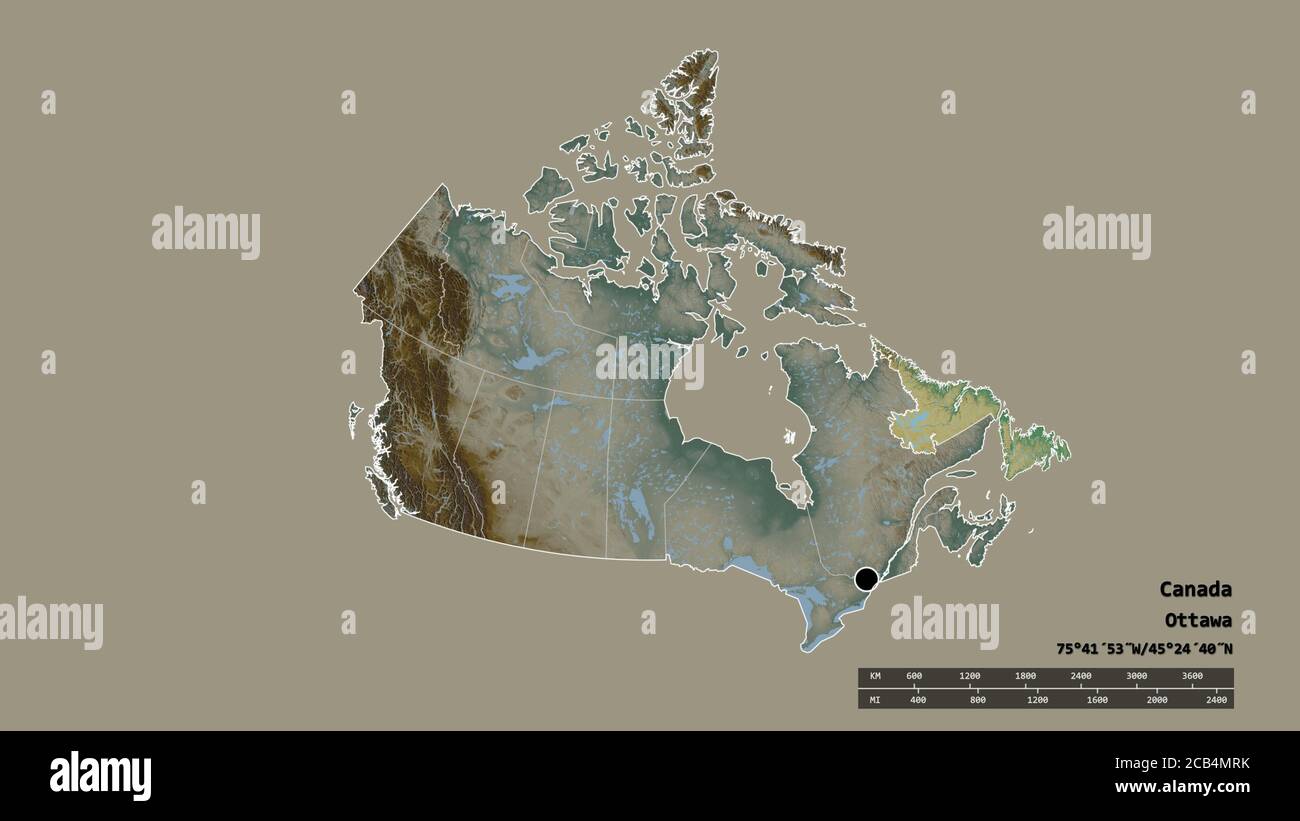 Desaturated shape of Canada with its capital, main regional division ...