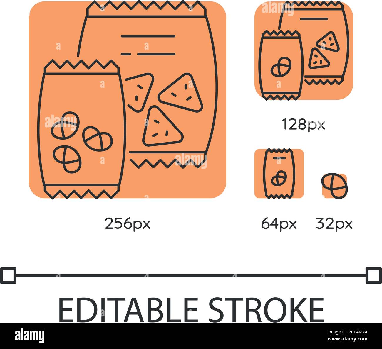 Snacks orange linear icons set. Potato chips in bag. Salty crackers in ...