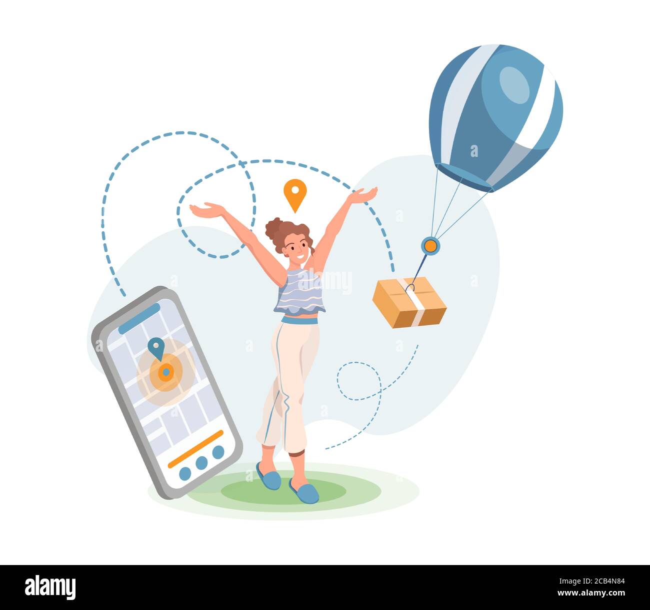 Happy woman in comfortable clothes received parcel via air balloon ...