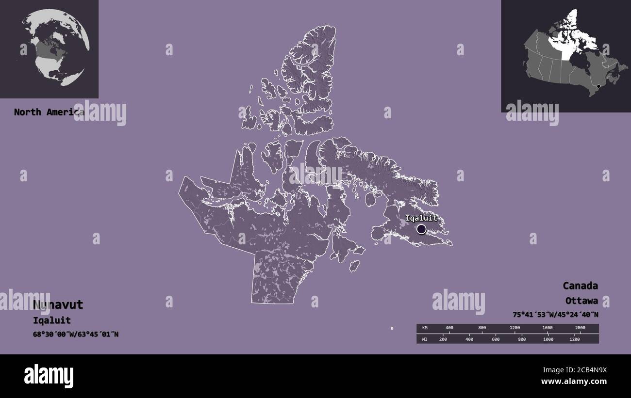 Shape of Nunavut, territory of Canada, and its capital. Distance scale ...