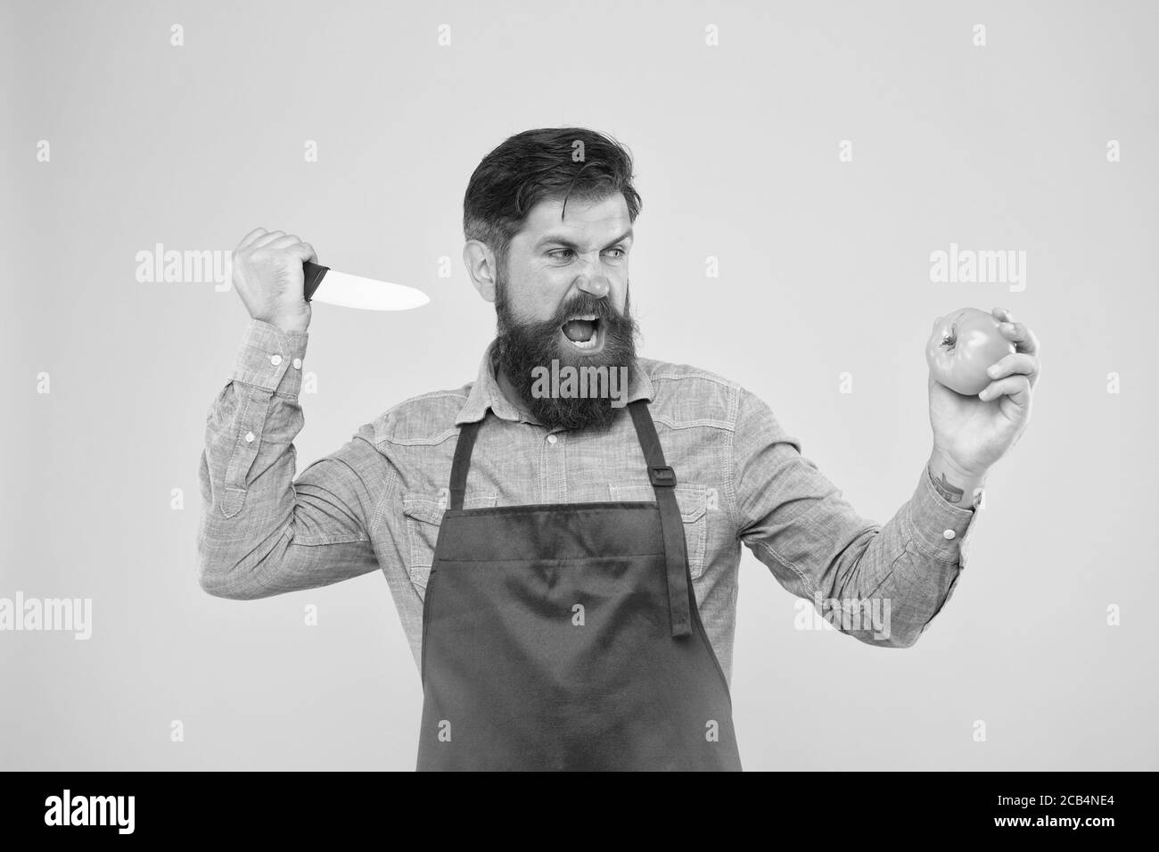 hunting on vitamins. bearded chef wearing red apron. brutal cook cut ...