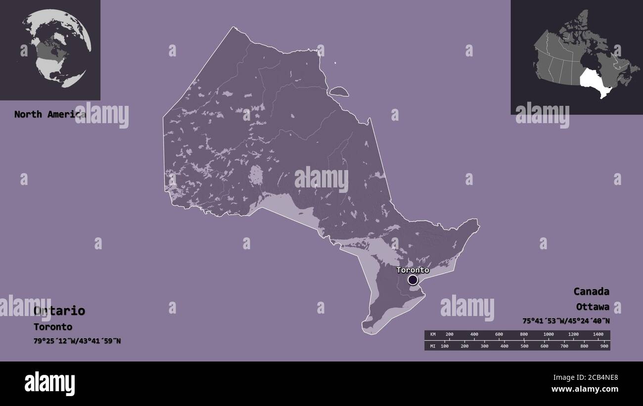 Shape of Ontario, province of Canada, and its capital. Distance scale ...
