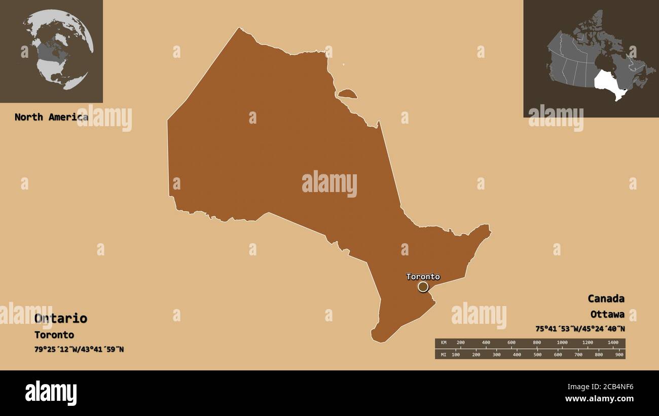 Shape of Ontario, province of Canada, and its capital. Distance scale ...
