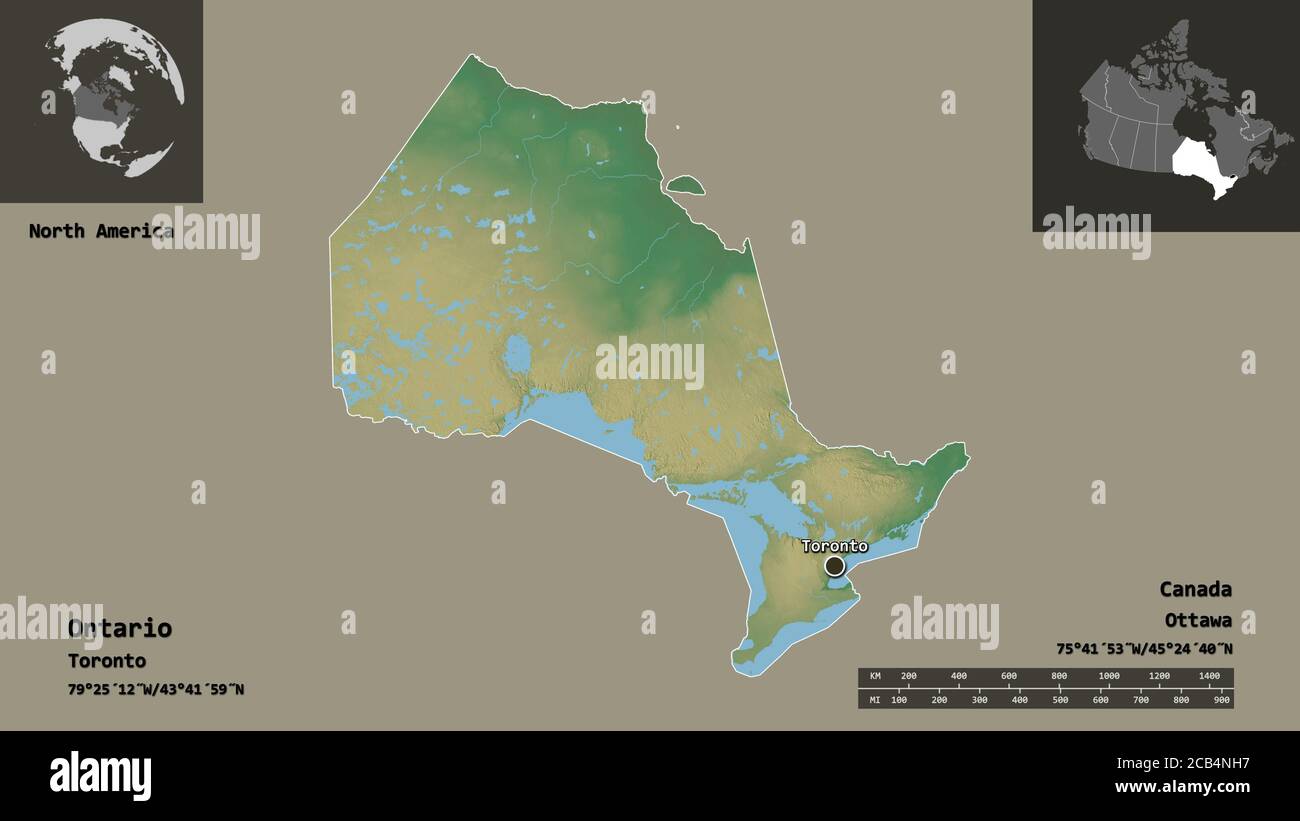 Shape of Ontario, province of Canada, and its capital. Distance scale ...