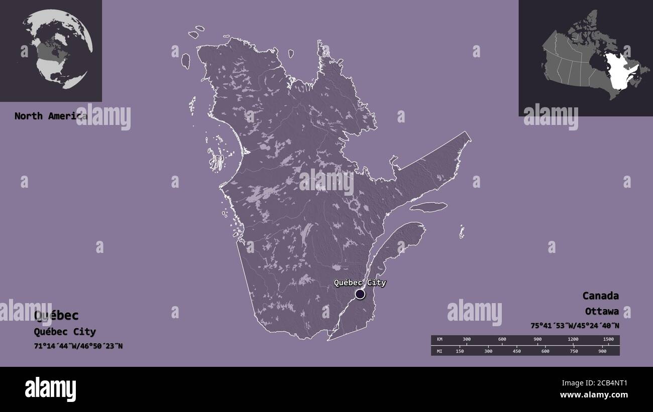 Shape of Québec, province of Canada, and its capital. Distance scale ...