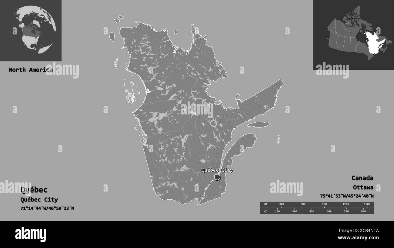 Shape of Québec, province of Canada, and its capital. Distance scale ...