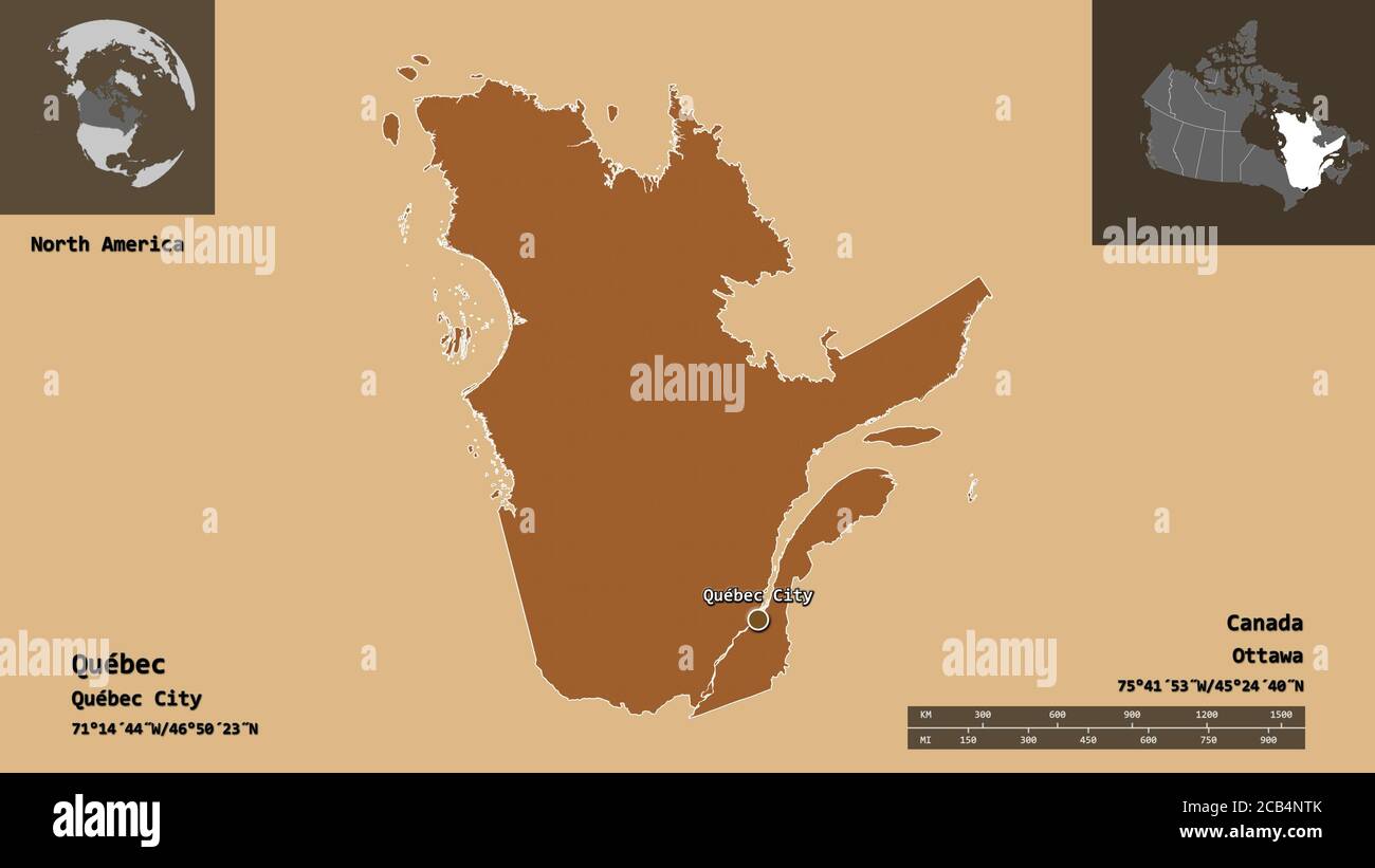 Shape of Québec, province of Canada, and its capital. Distance scale ...