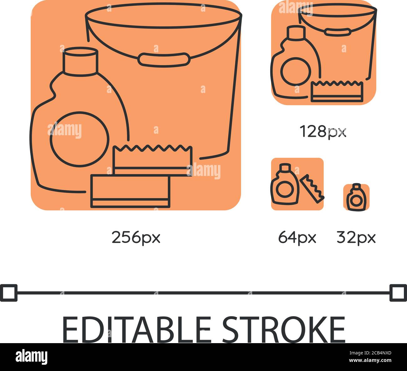 Cleaning supplies orange linear icons set. Detergent for sanitation ...