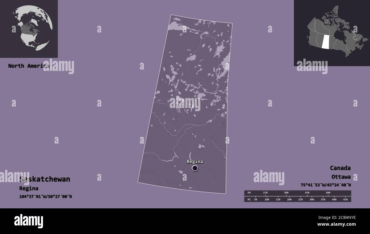 Shape of Saskatchewan, province of Canada, and its capital. Distance ...