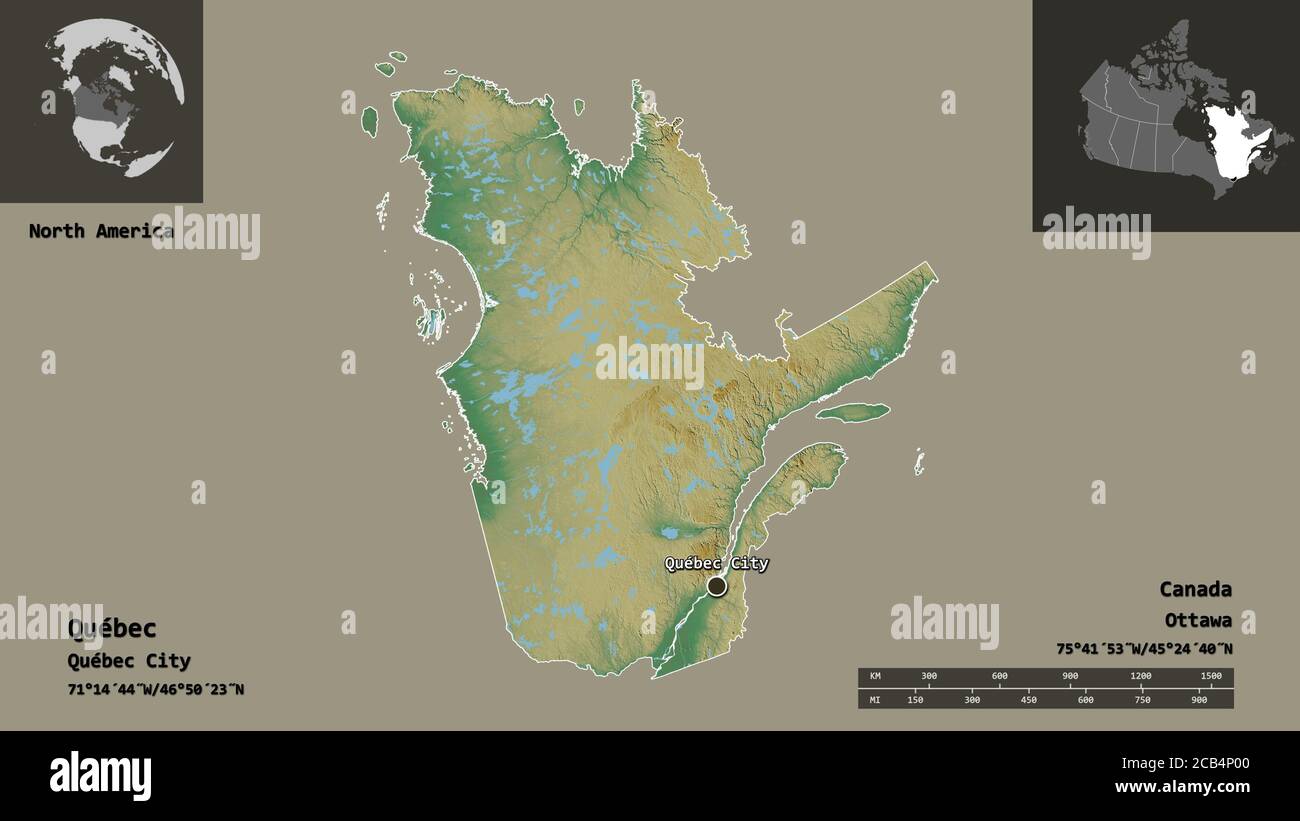 Shape of Québec, province of Canada, and its capital. Distance scale ...