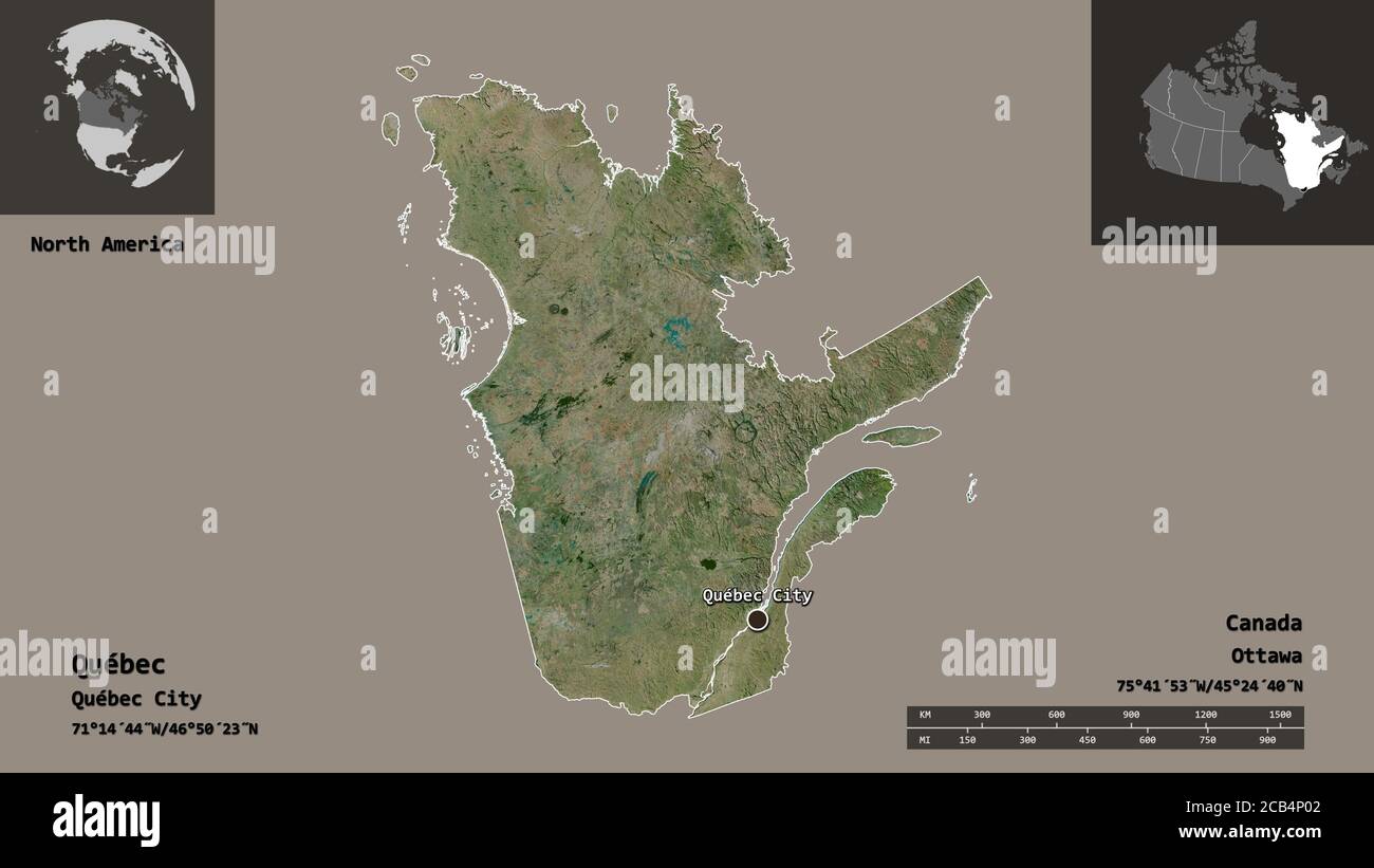 Shape of Québec, province of Canada, and its capital. Distance scale ...