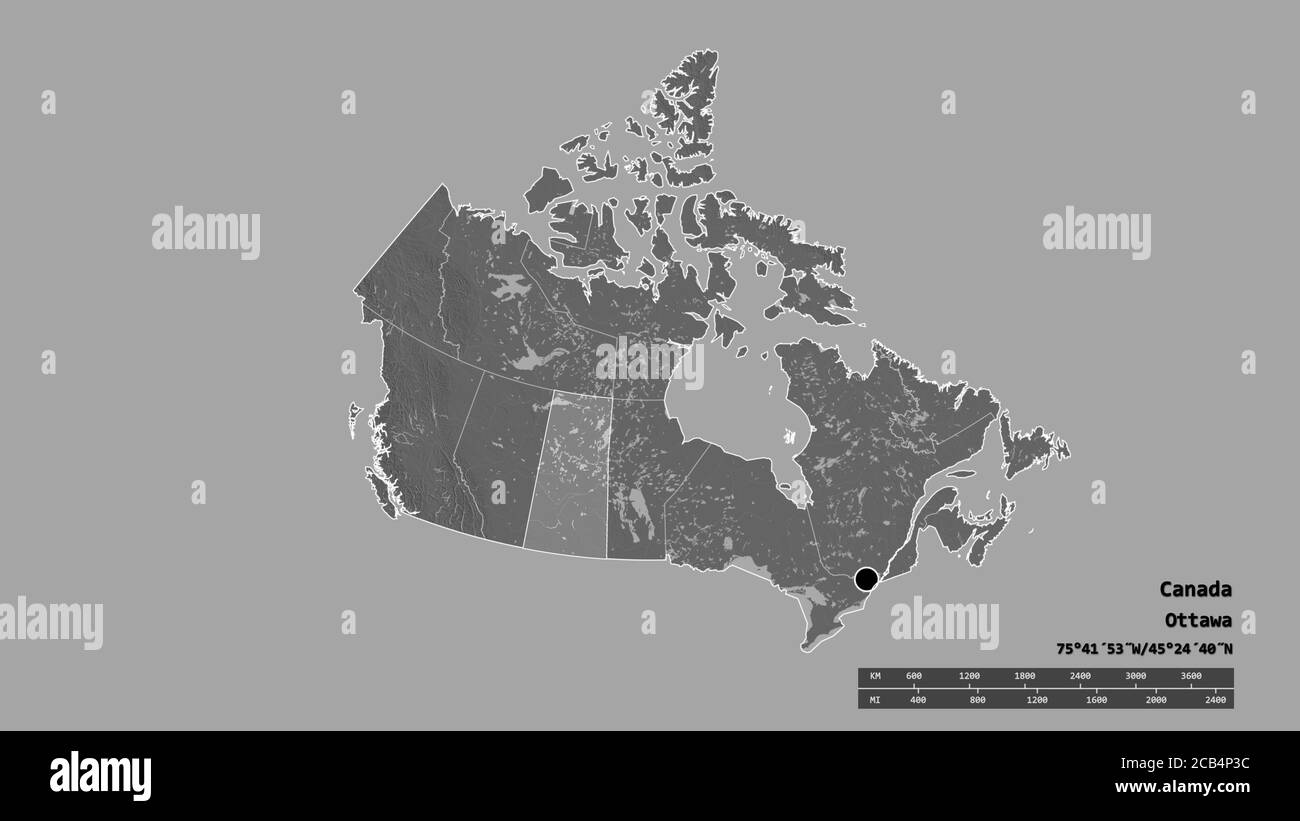 Desaturated shape of Canada with its capital, main regional division ...