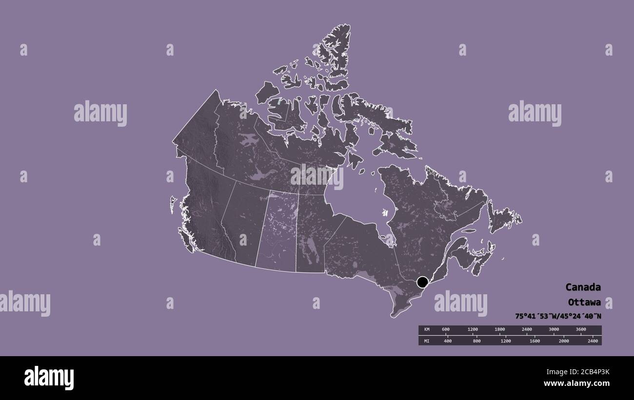 Desaturated shape of Canada with its capital, main regional division ...