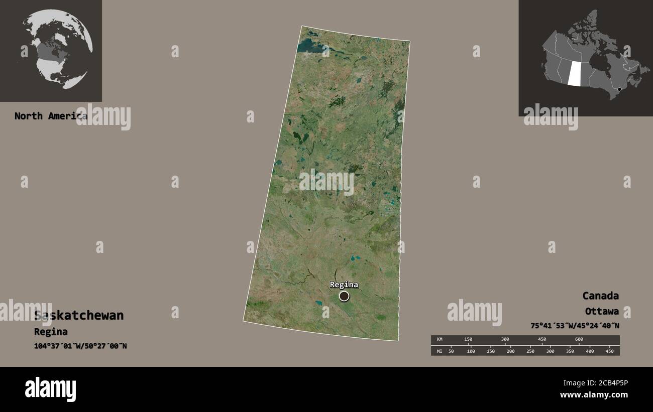 Shape of Saskatchewan, province of Canada, and its capital. Distance ...