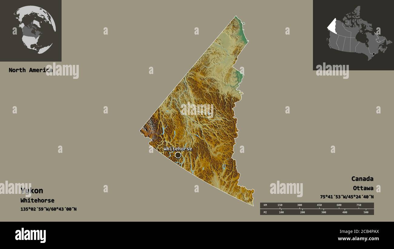 Shape of Yukon, territory of Canada, and its capital. Distance scale, previews and labels ...
