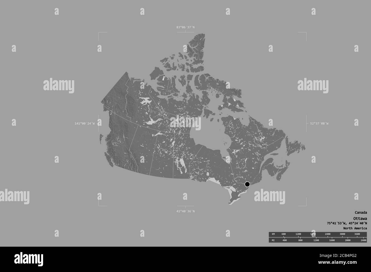 Area of Canada isolated on a solid background in a georeferenced ...