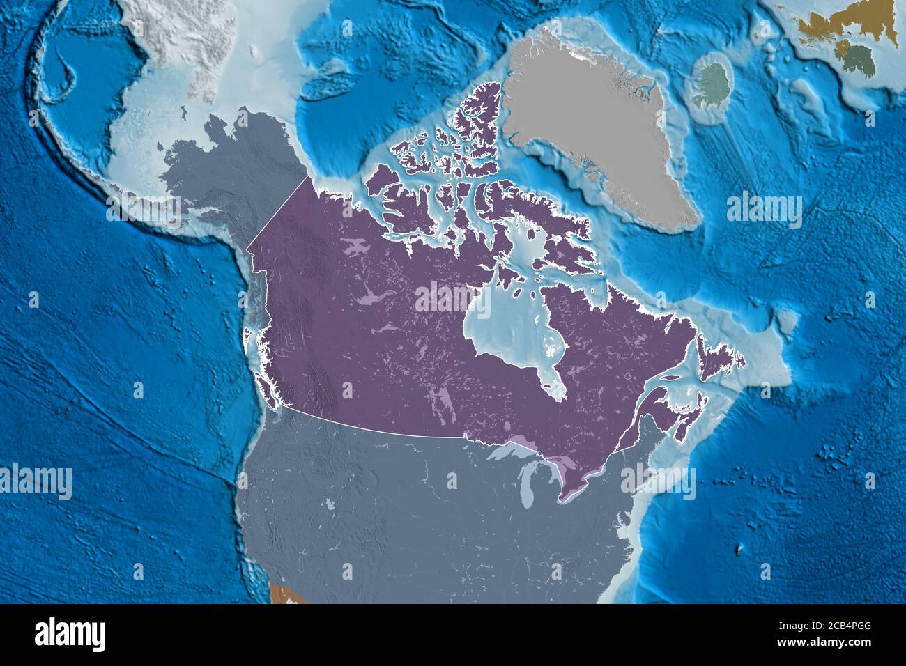 Extended area of outlined Canada. Colored elevation map. 3D rendering ...