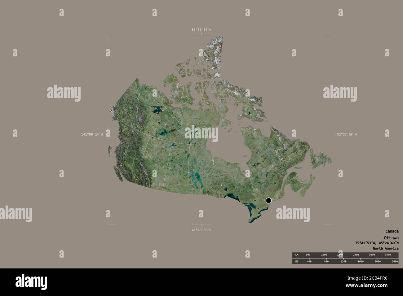 Area of Canada isolated on a solid background in a georeferenced ...